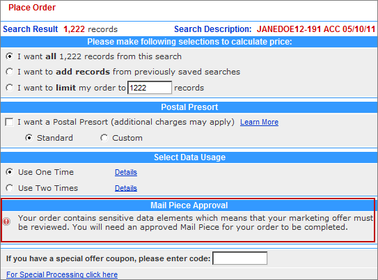 Placing an Order Requiring Mail Piece Approval